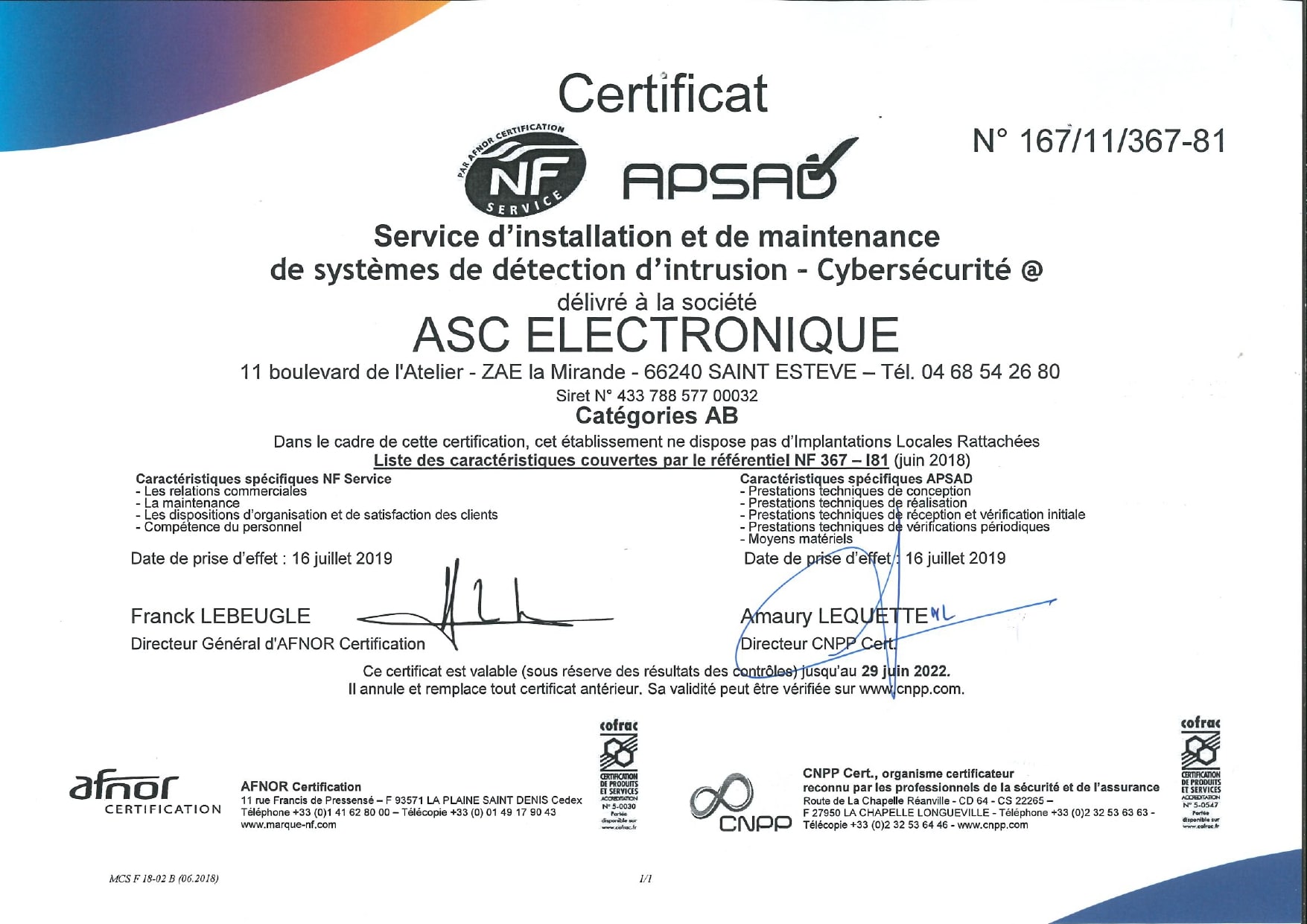 Certifications APSAD - Asc electronique