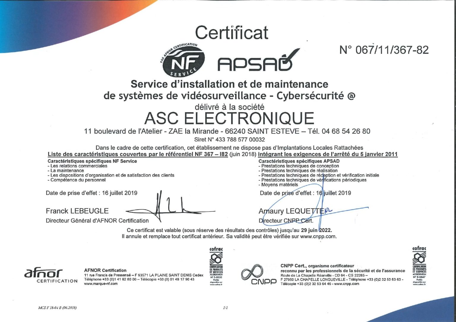 Certifications APSAD - Asc electronique